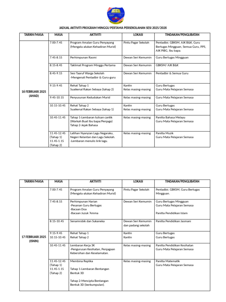 JADUAL_AKTIVITI_PROGRAM_MINGGU_PERTAMA_PERSEKOLAHAN_SESI_2025_edit | PDF
