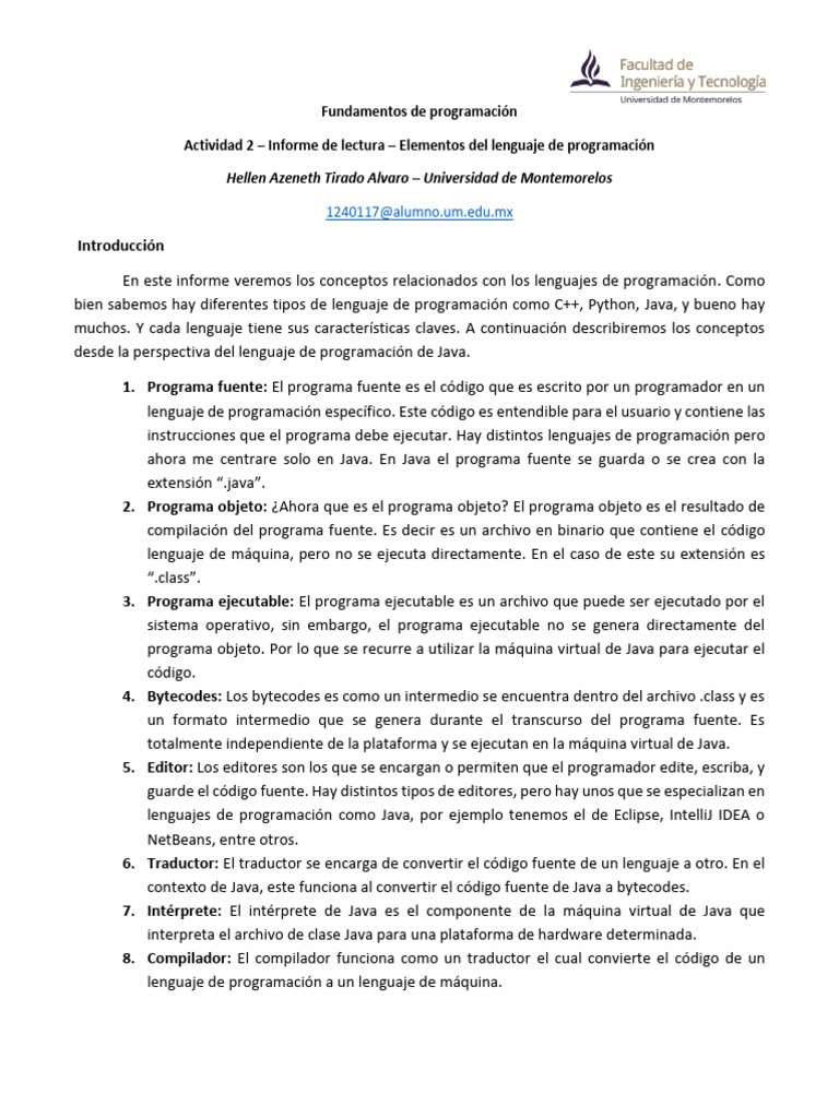 Actividad 2. Informe de Lectura-Lenguajes de Programación | PDF | Java (lenguaje de programación ...