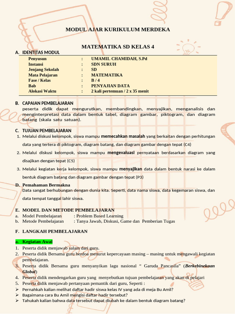 Modul Ajar MTK Bab Penyajian Data KLS 4 SMS 2 | PDF