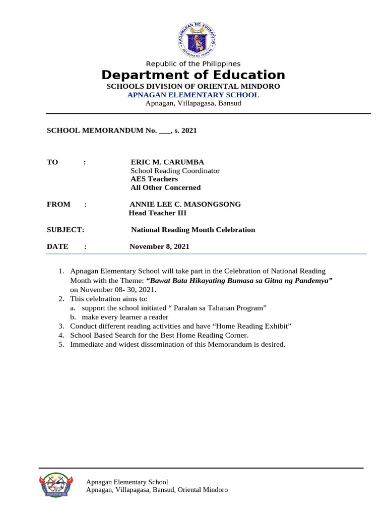 School Memo (National Reading Month) 2021 | PDF | Poetry
