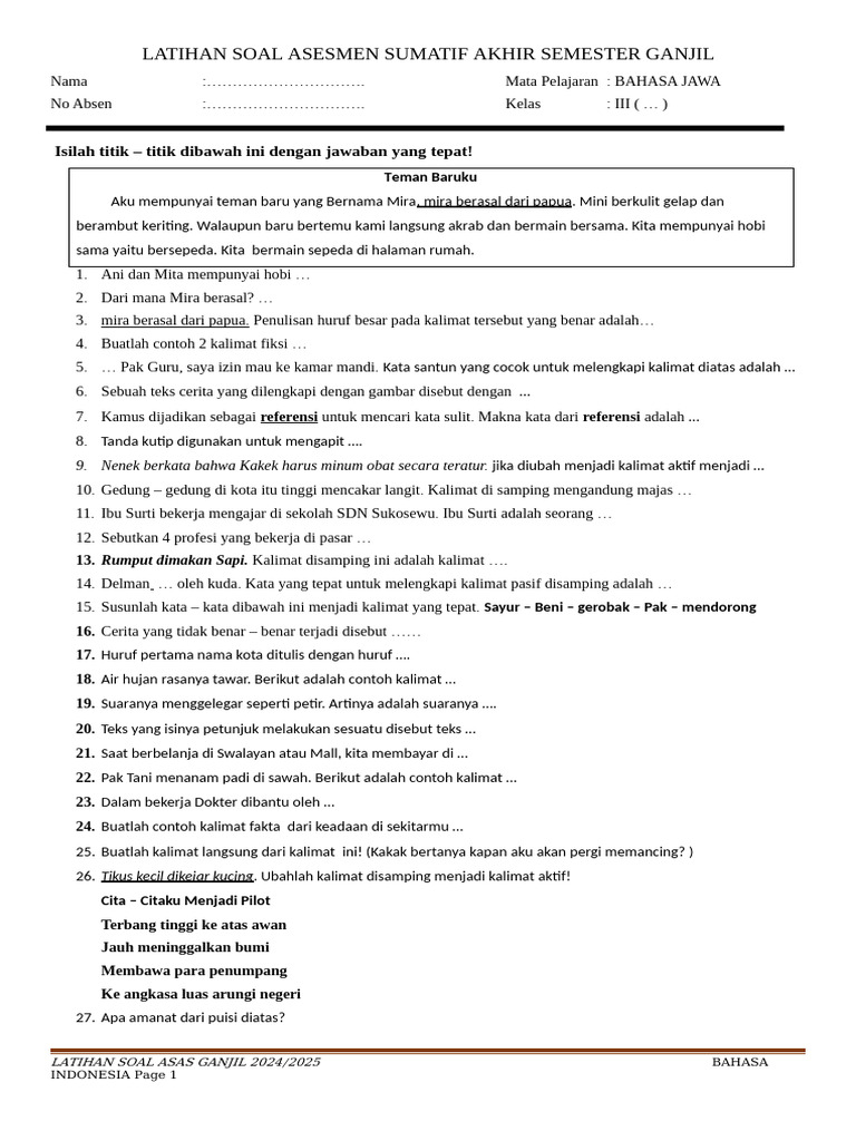 Lat. Soal Sas Ganjil B.jawa Kls III 24-25 | PDF
