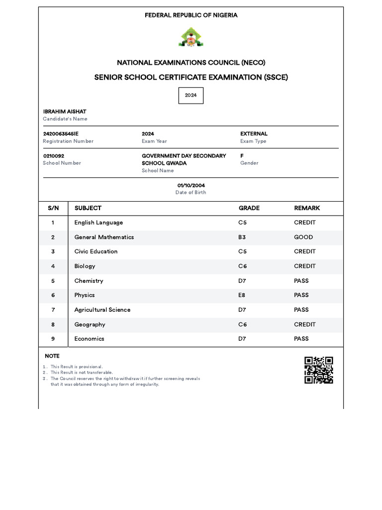 Aishat NECO Results Portal | PDF