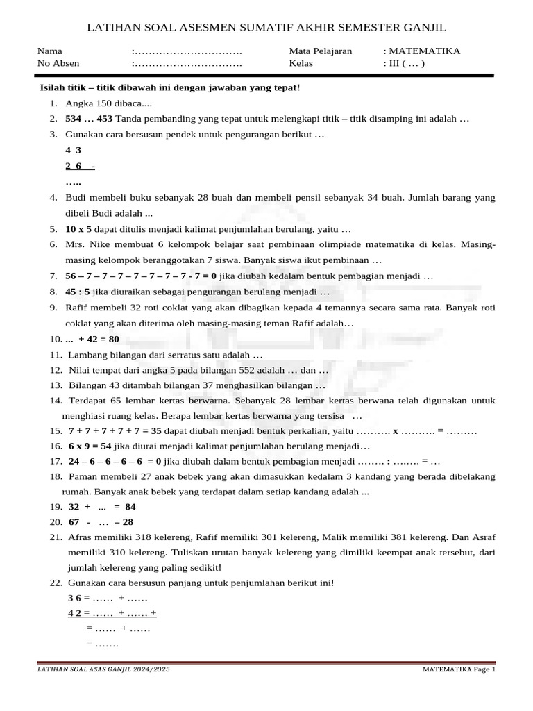Lat. Soal Sas Ganjil Matematika KLS Iii 24-25 | PDF