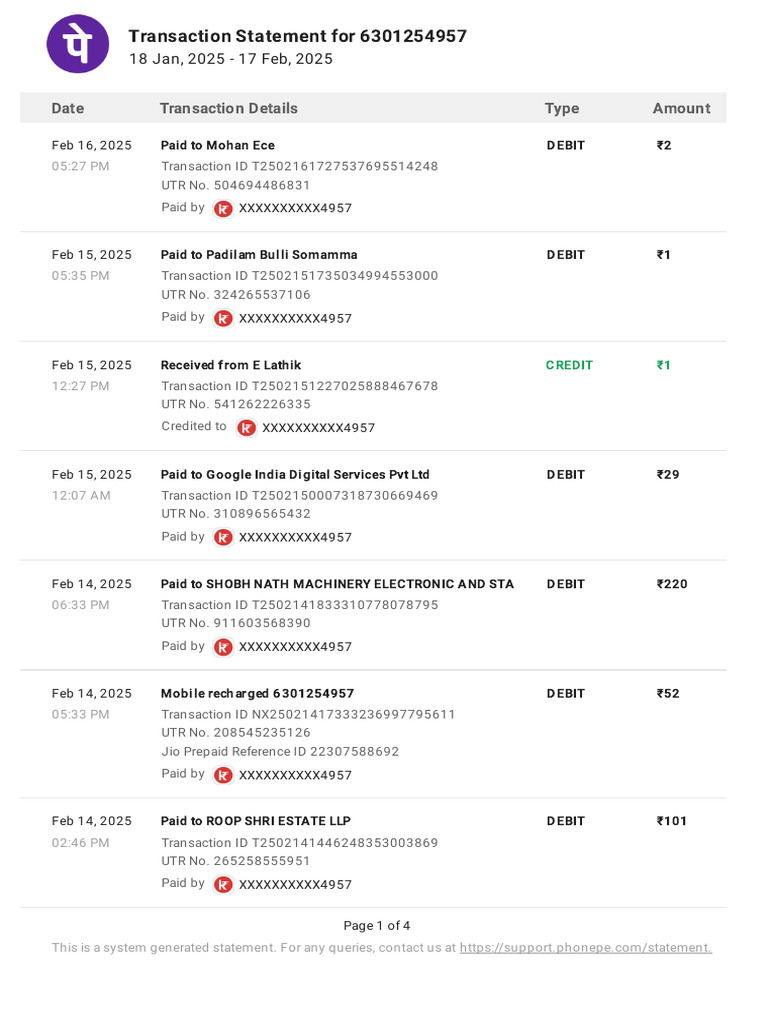 PhonePe Statement Jan2025 Feb2025 | PDF | Debit Card | Banking Technology