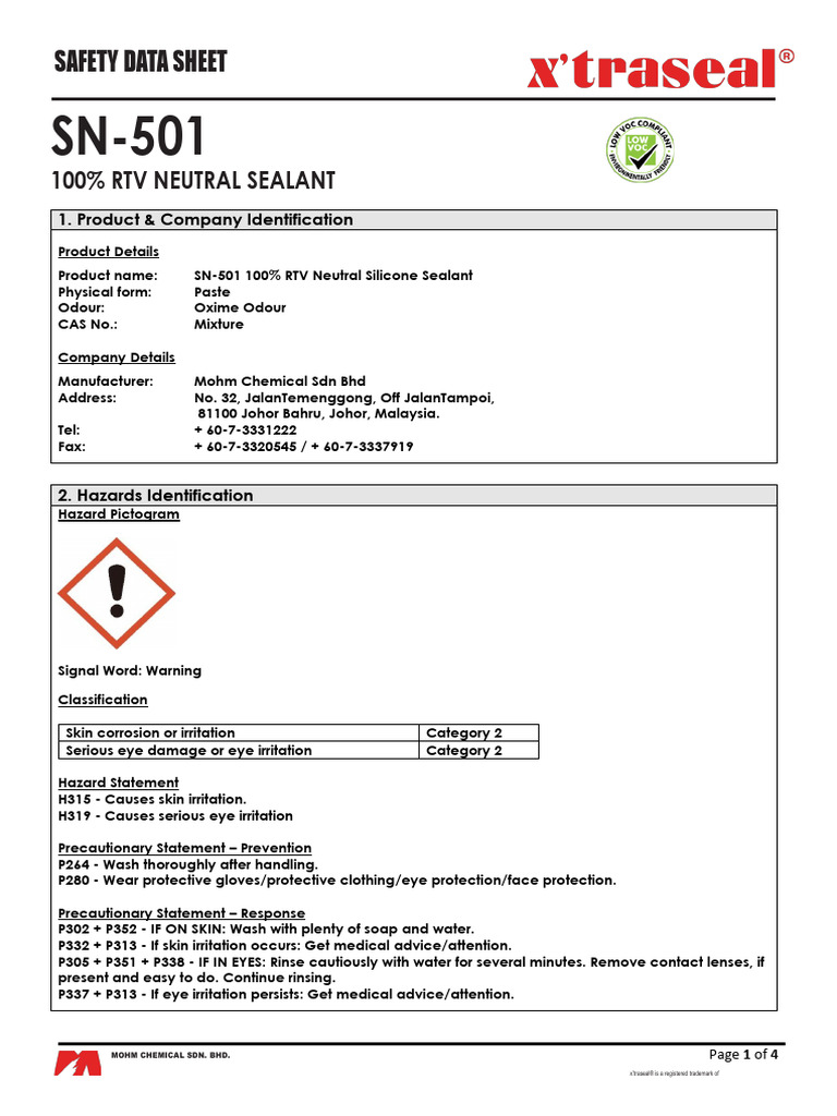 SDS - SN-501 100 RTV Neutral Silicone Sealant | PDF | Safety ...