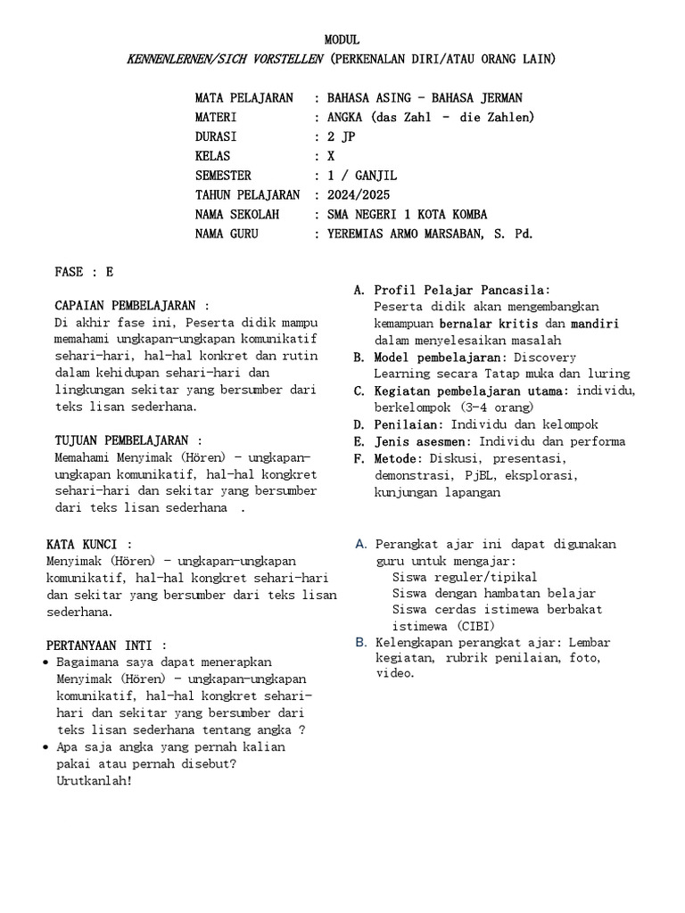 Modul Ajar - Horen (Menyimak) Kelas X-A - Angka-Die Zahlen | PDF