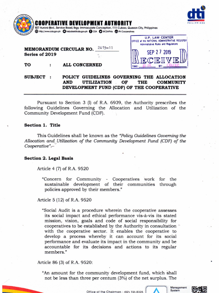 MC2019 11 Policy Guide Governing Allocation Utilization CDF Coops | PDF