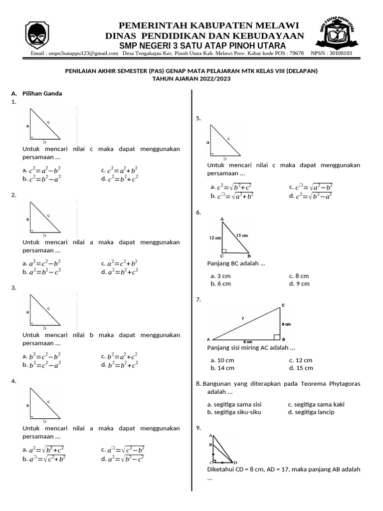 Soal PAS MTK Kls 8 2023 Genap | PDF
