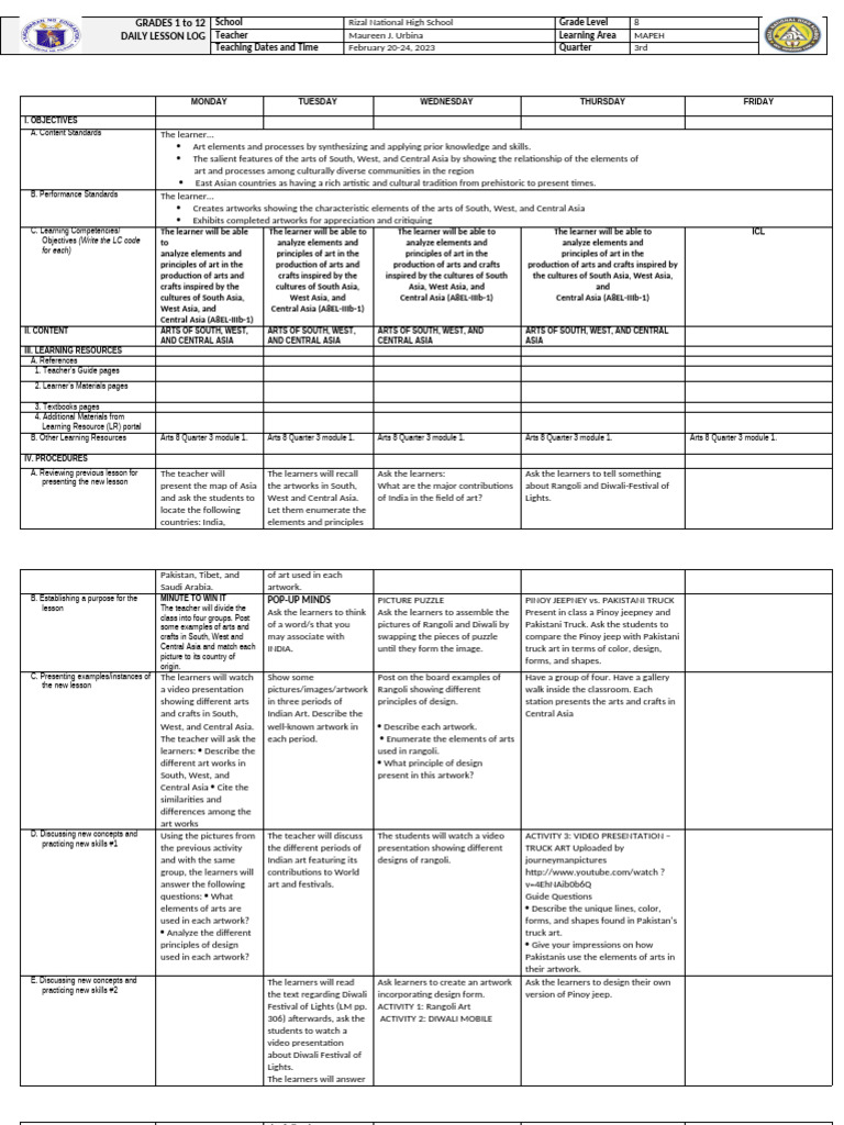 DLL-Arts Quarter 3 Module 1 | PDF | Learning | Behavior Modification