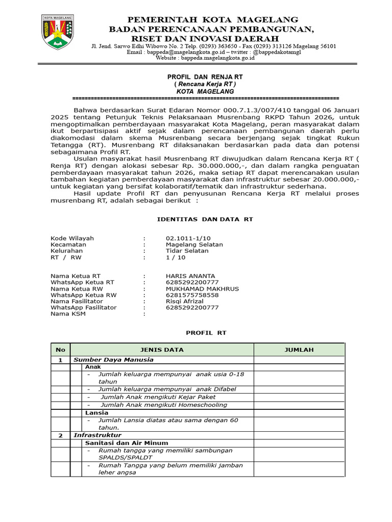 PROFIL RT - RT 1 - RW 10 Tidar Selatan Per 03 Februari 2025 | PDF