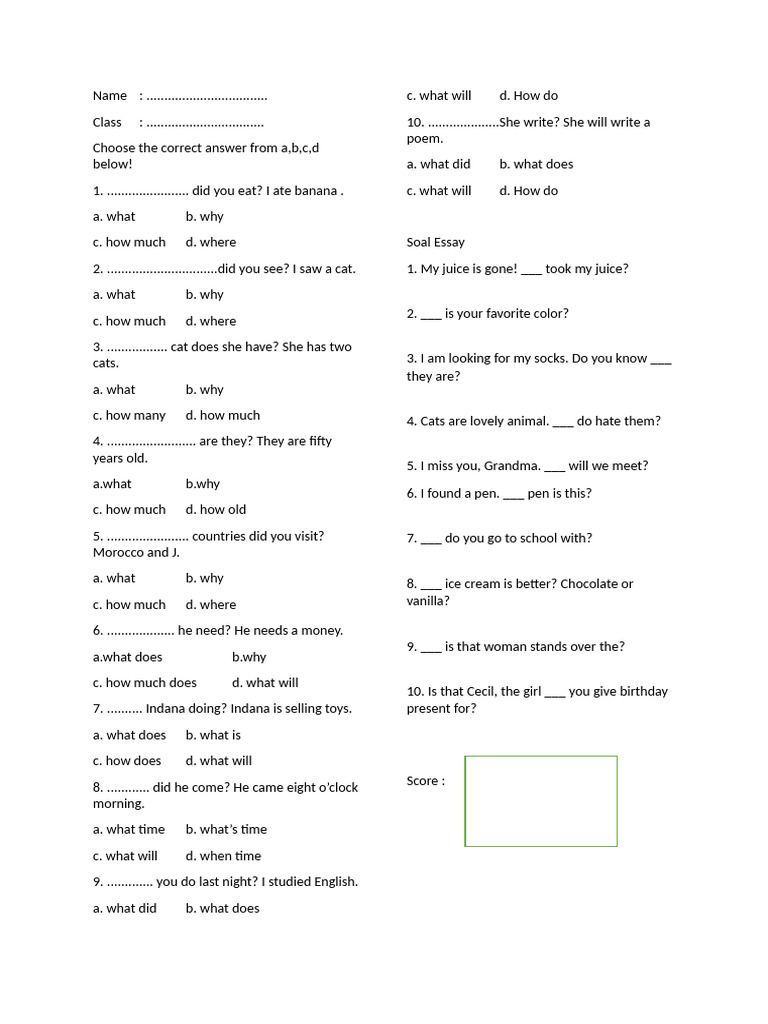 Latihan soal Question words | PDF