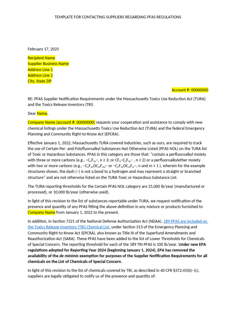 PFAS Supplier Notification Letter Template - 20231109 | PDF | Pollution | Occupational Safety ...