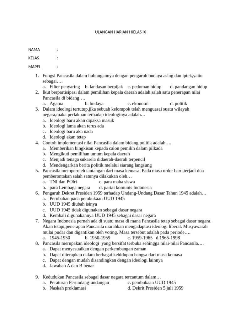 Ulangan Harian Pancasila Kelas IX | PDF