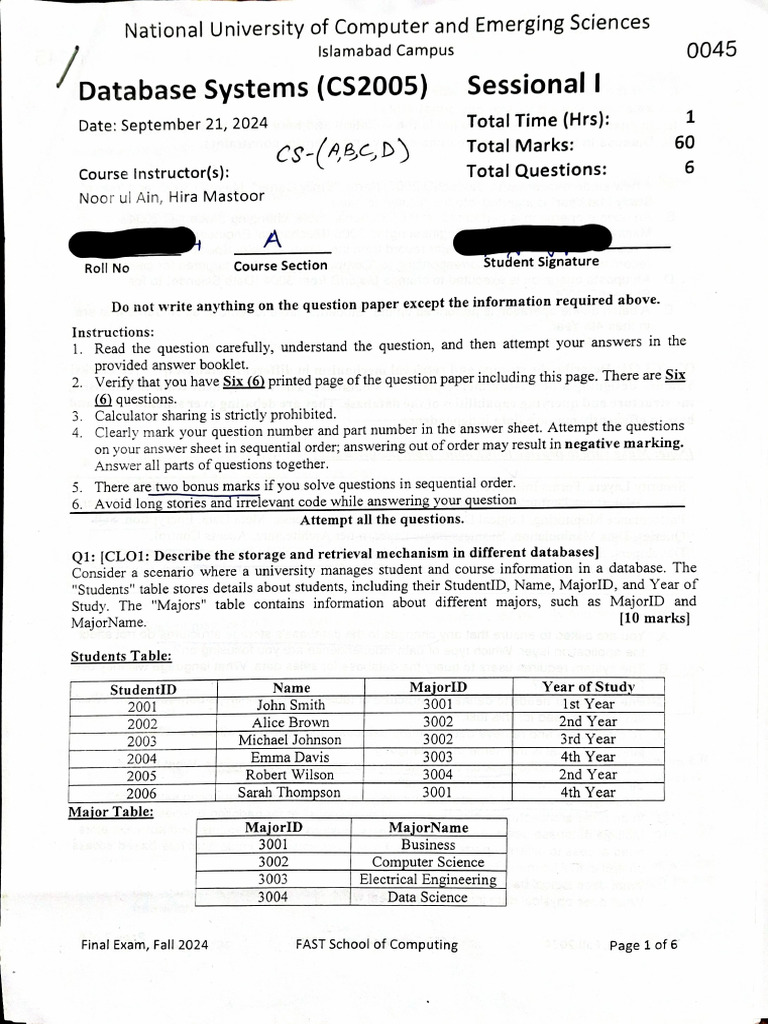 Fall-24 CS DB Sessional-1 | PDF