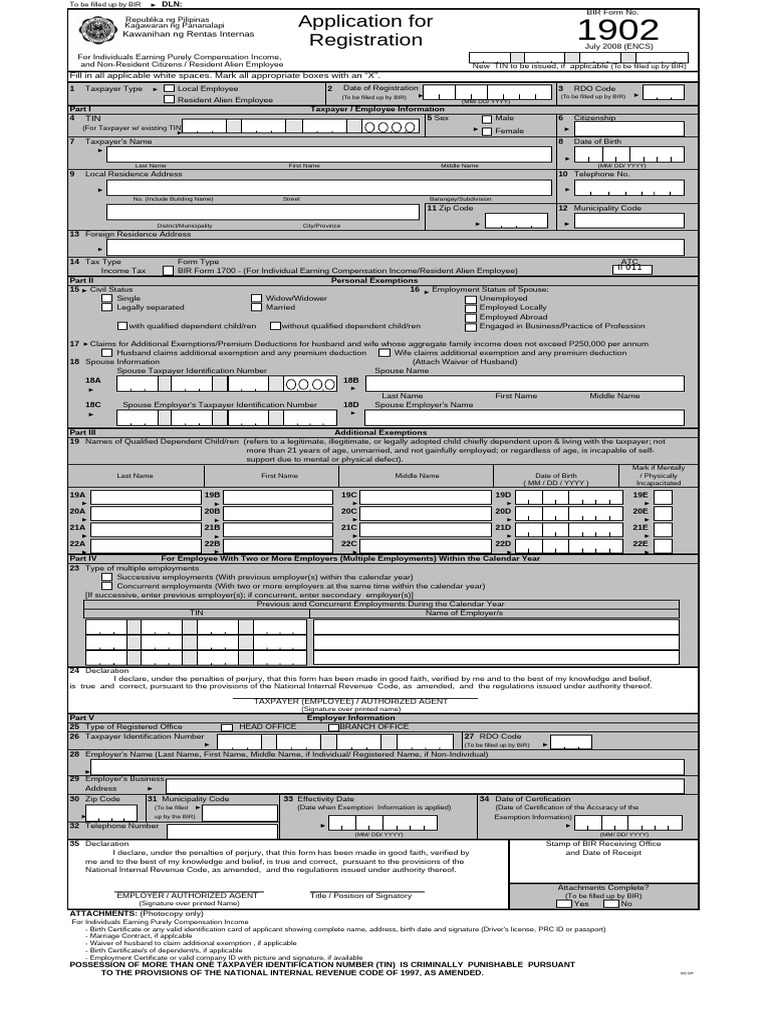 BIR-FORM-NO-1902-application-for-registration | PDF | Identity Document ...