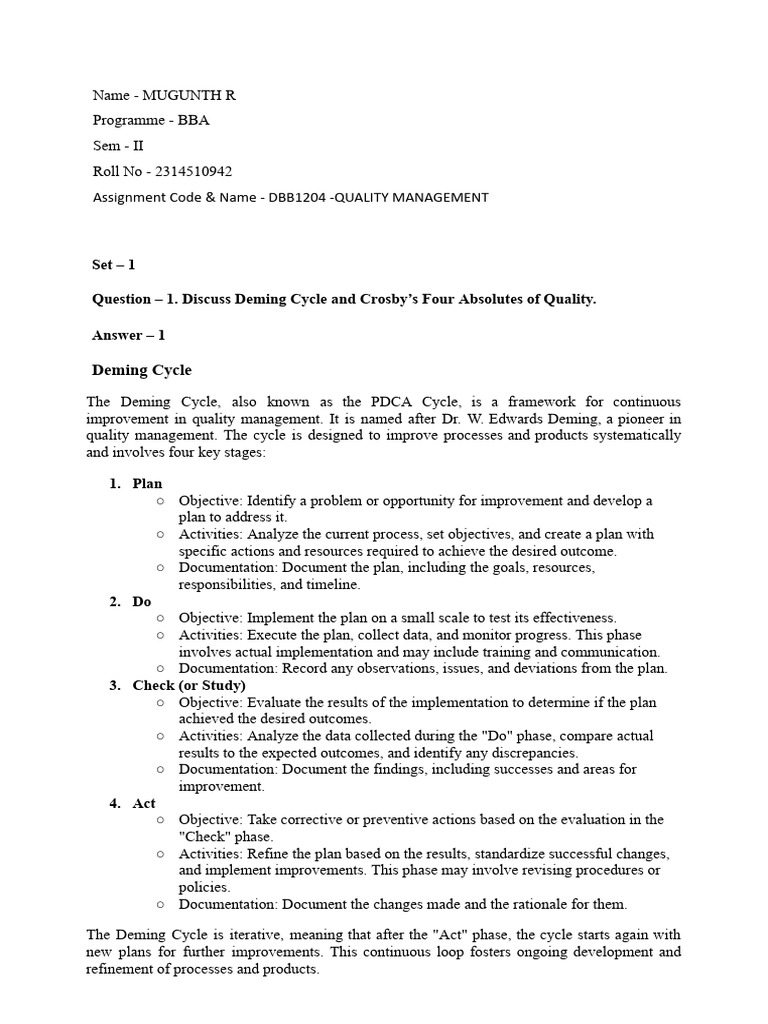 Deming Cycle & Crosby's Quality Absolutes | PDF | Audit | Incentive