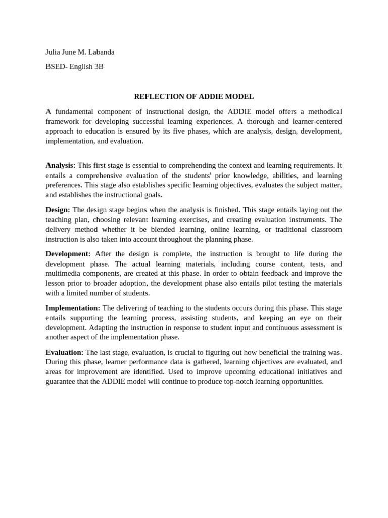 Julia June M REFLECTION PAPER OF ADDIE MODEL | PDF