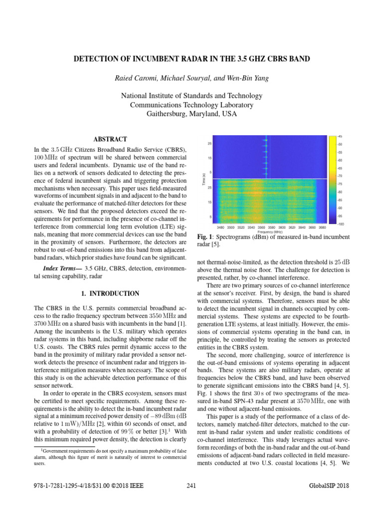 Radar Detection in 3.5 GHz CBRS Band | PDF | Radar | Signal To Noise Ratio