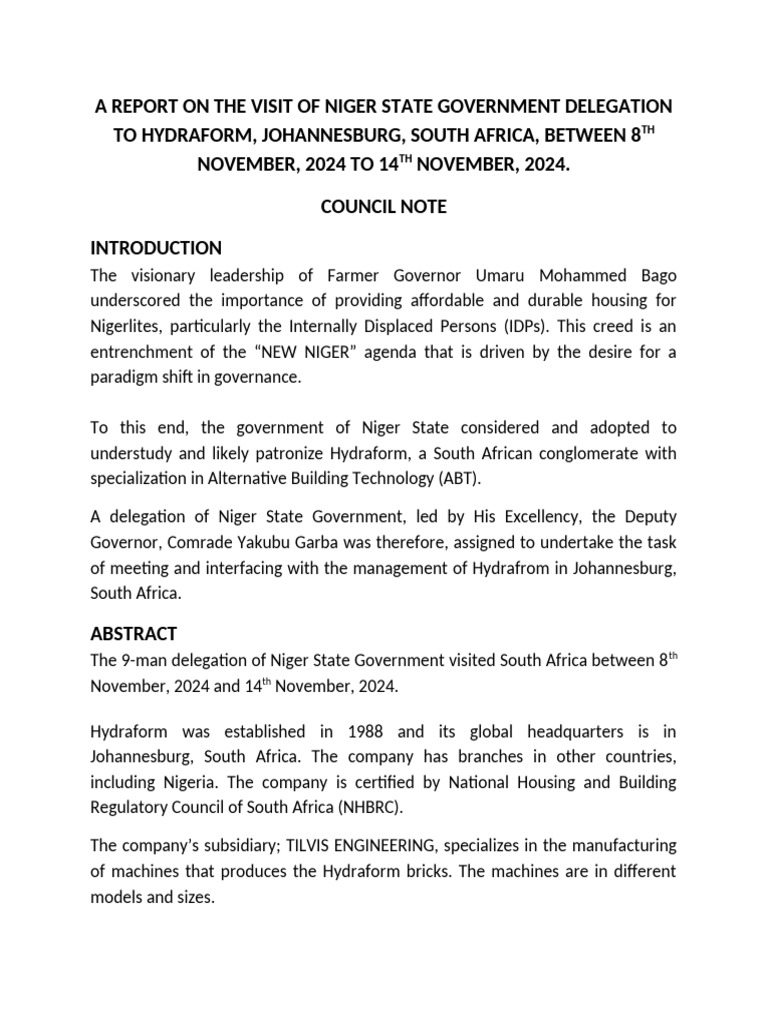 A REPORT ON THE VISIT OF NIGER STATE GOVERNMENT DELEGATION TO HYDRAFORM ...