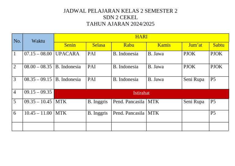 Jadwal Pelajaran Kelas 2 SDN 2 Cekel | PDF