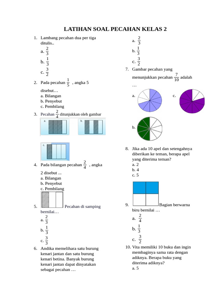 Latihan Soal Pecahan Kelas 2 | PDF