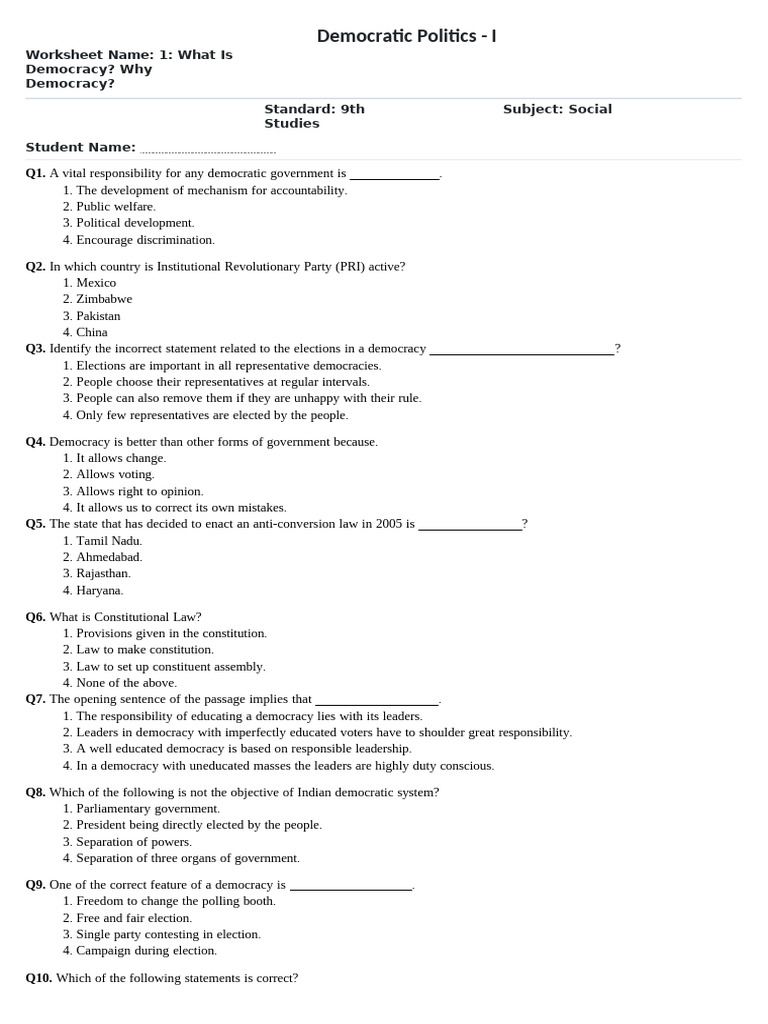 What Is Democracy Why Democracy Worksheet With Answer Including MCQ 60 ...