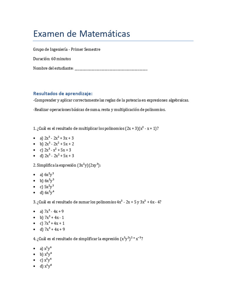 Examen Matematicas Simulacro | PDF