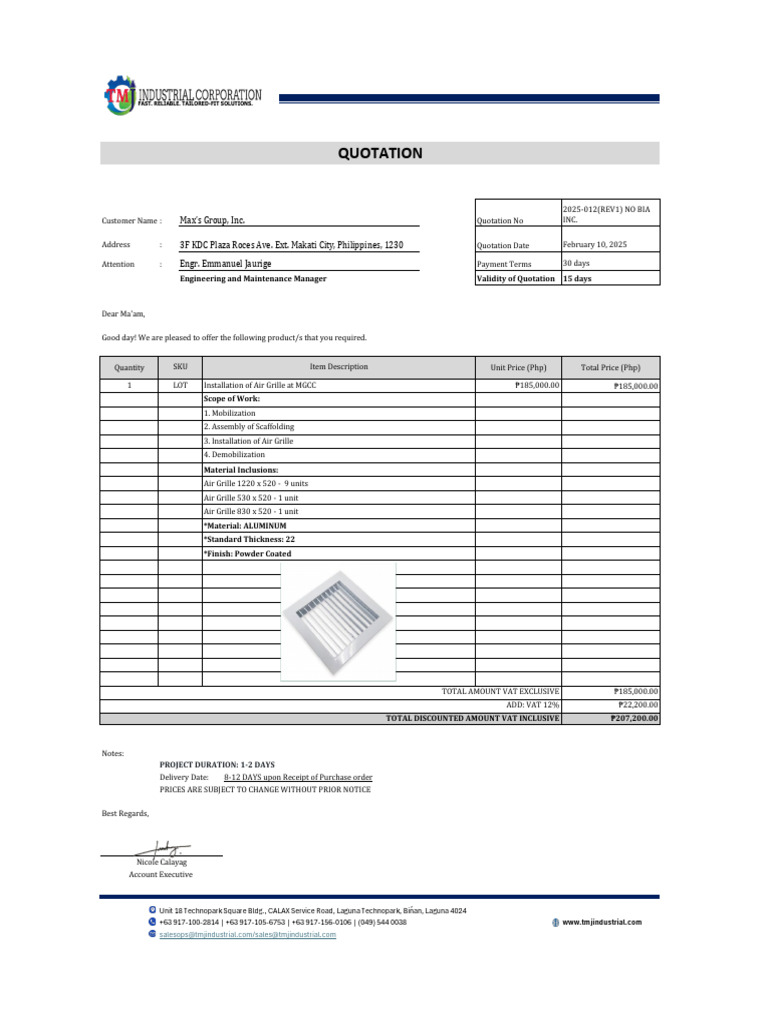 Quotation For Installation of Air Grille at MGCC | PDF