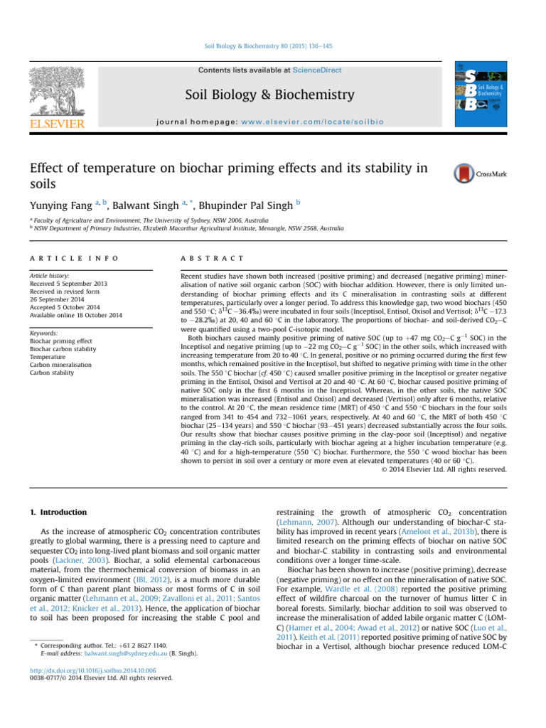 Biochar Priming Effects and Stability in Soils | PDF | Soil | Pyrolysis