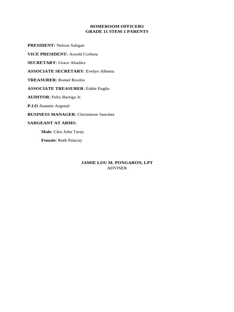 Grade 11 STEM-1 Parent Officers | PDF