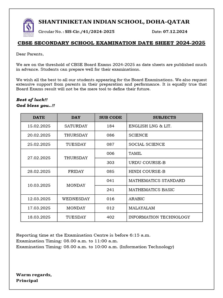 CIRCULAR-41 - CBSE Examination Date Sheet For Class X - 2024-2025 | PDF