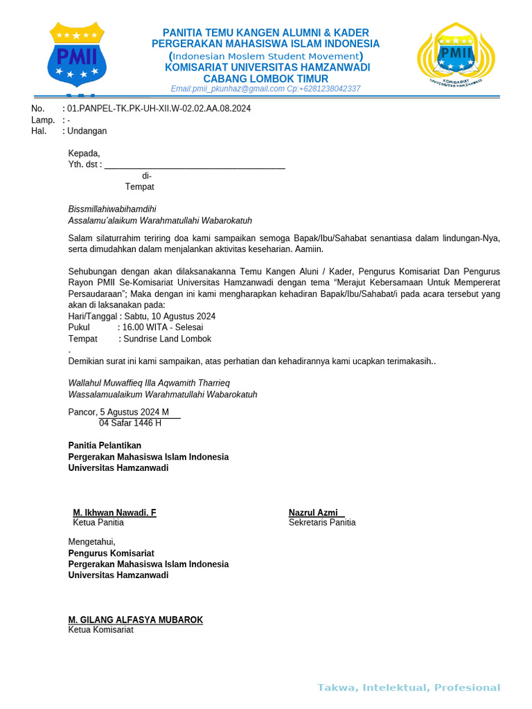 Undangan Temu Kangen Alumni PMII 2024 | PDF