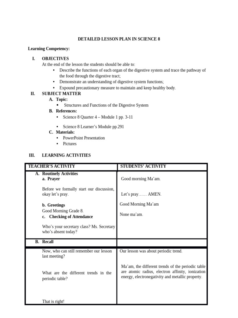 Detailed Lesson Plan Digestive System | PDF | Digestion | Stomach