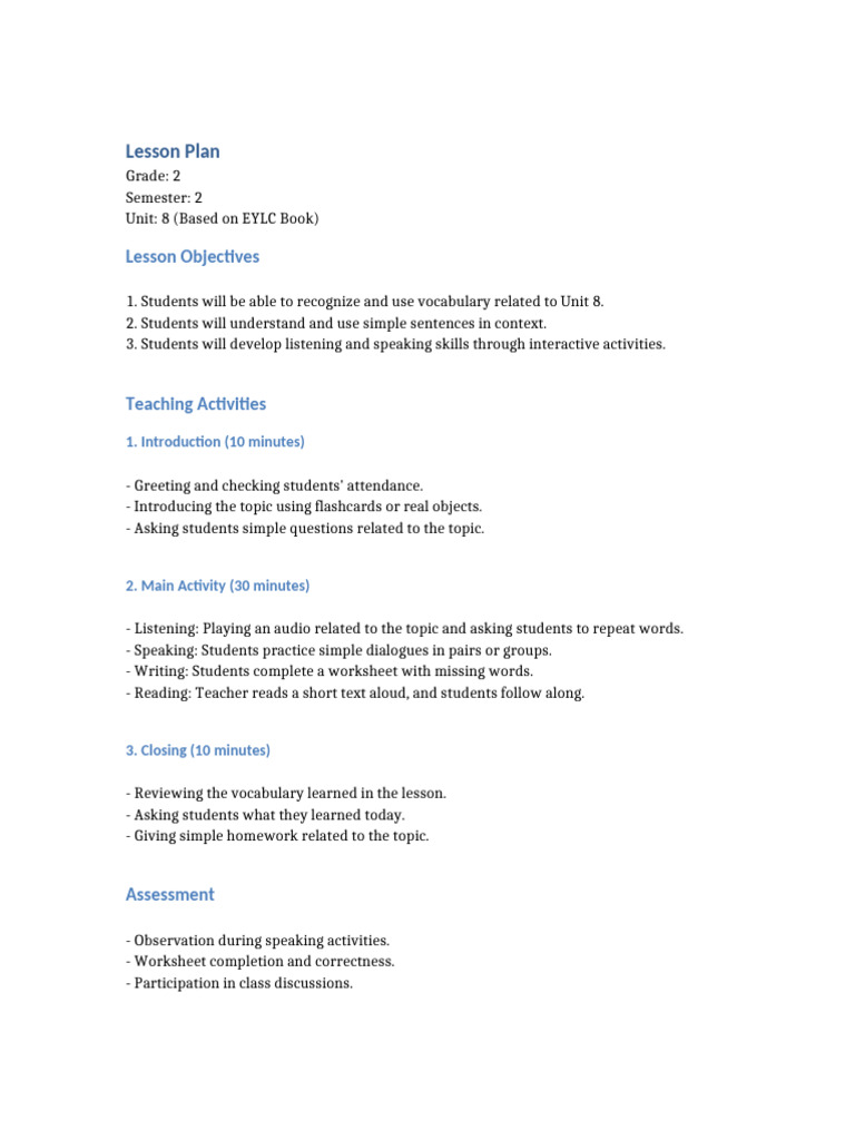 Lesson Plan Grade2 Unit8 | PDF