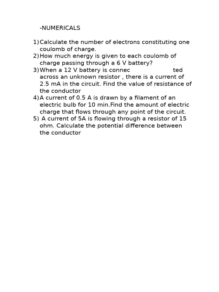 Electricity Numericals | PDF