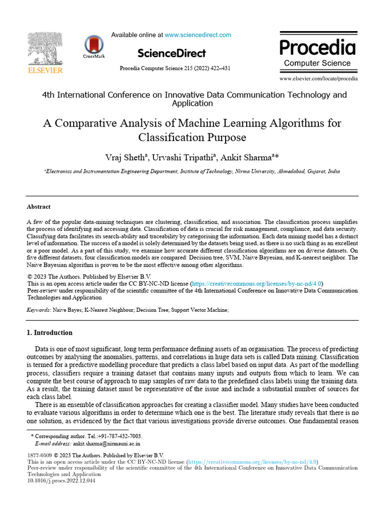 A Comparative Analysis of Machine Learning Algorithms For Classification Purpose | PDF | Support ...