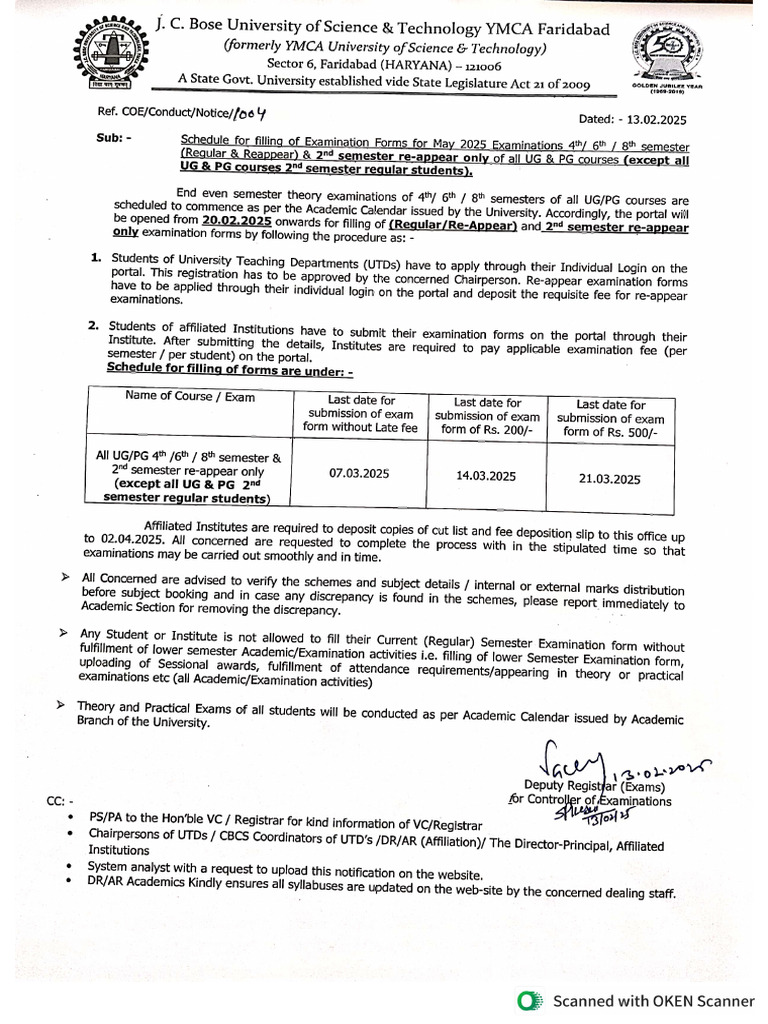 Schedule For Filling of Examination Forms For May 2025 Examinations | PDF