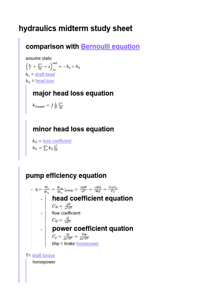 Hydraulics Midterm Study Sheet | PDF | Horsepower | Continuum Mechanics