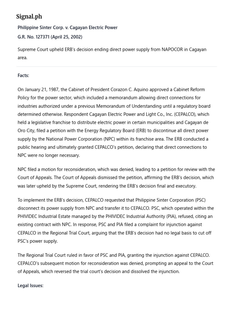 Philippine Sinter Corp V Cagayan Electric Power and Light | PDF ...