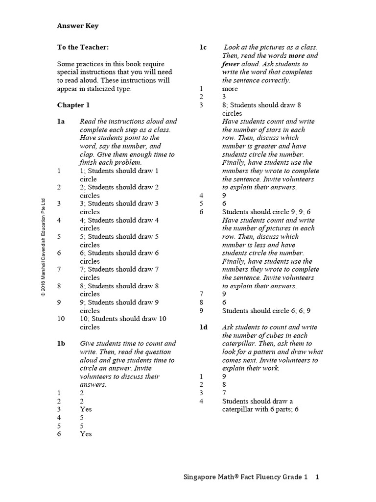 Singapore Math ® Fact Fluency Grade 1 Answer Key | PDF