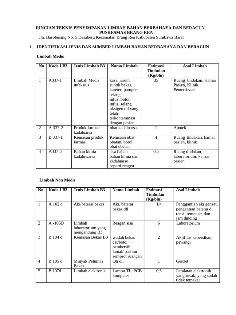 Penyimpanan Limbah B3 Puskesmas Brang Rea | PDF