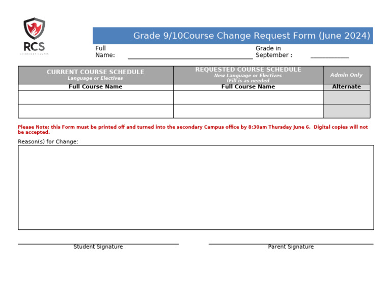 Course Change Form - June 2024 - Grade 9 - 10 | PDF