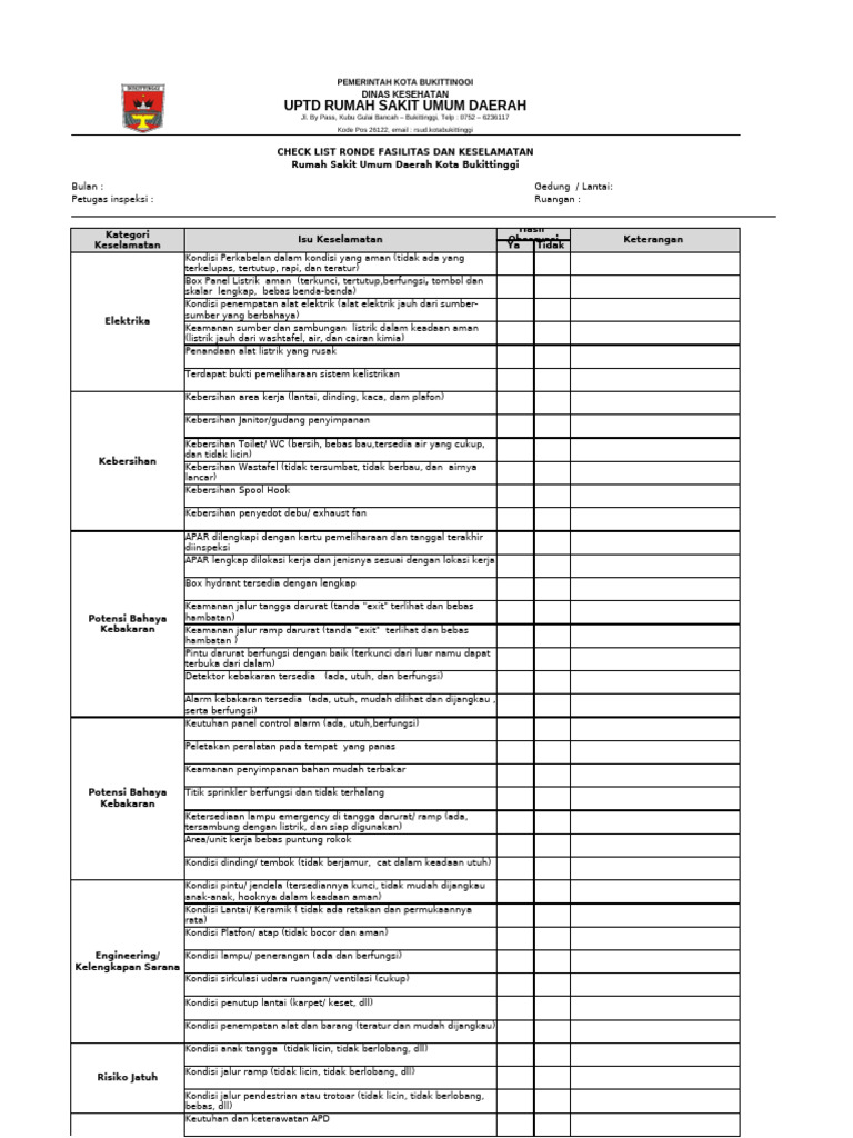 Checklist Ronde Fasilitas Dan Keselamatan RSUDBKT FIX | PDF