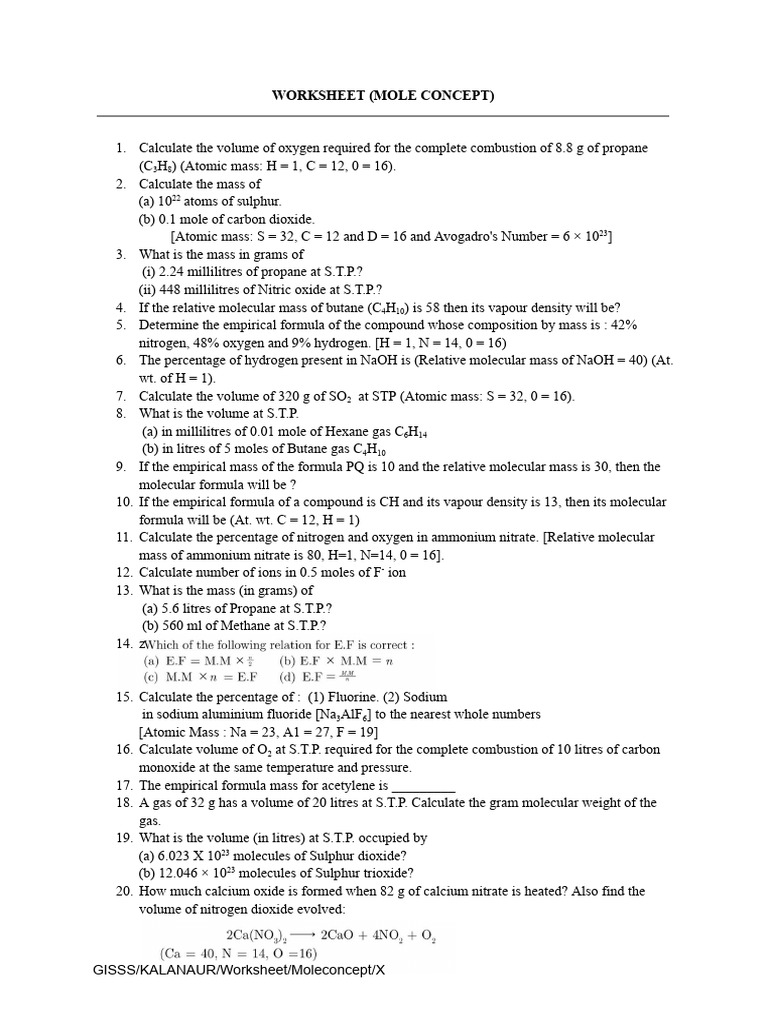 Mole Concept Worksheet - 240911 - 222252 | PDF | Oxide | Ammonia