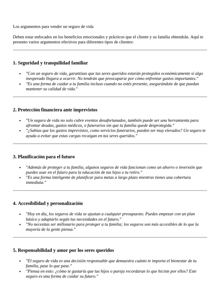 Los argumentos para vender un seguro de vida | PDF | Economias