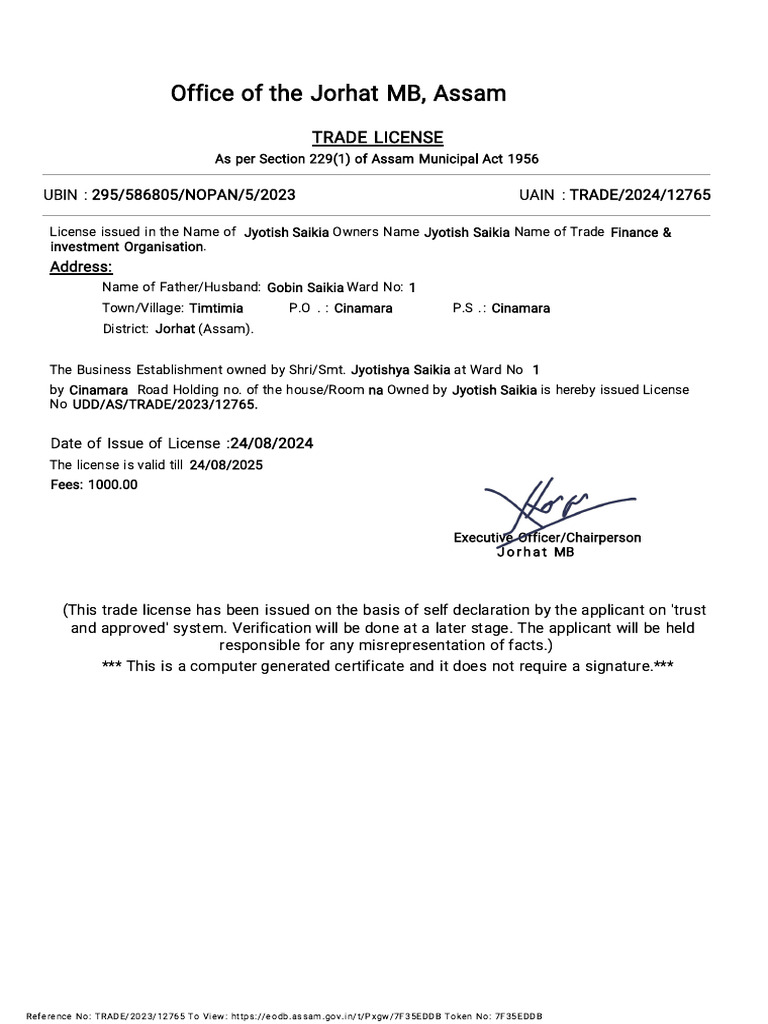 Jorhat Trade License Issuance 2024 | PDF