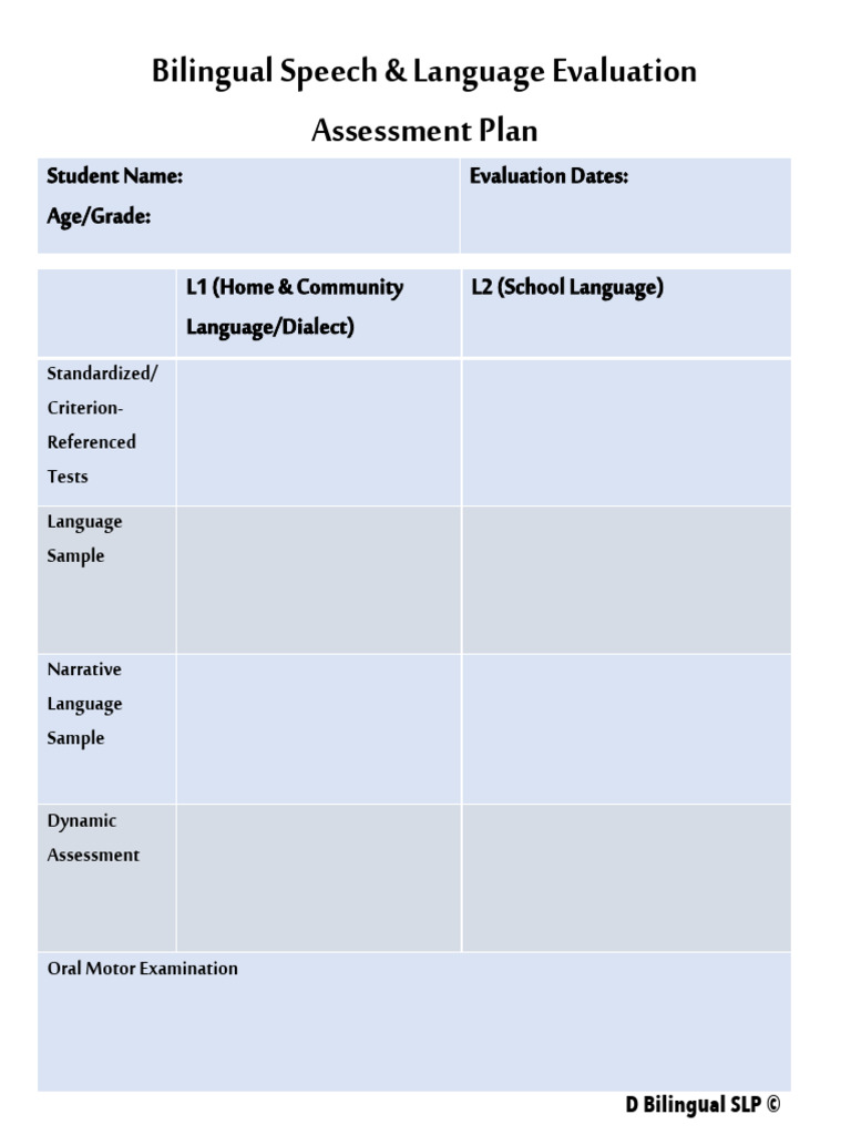 Bilingual Speech & Language Evaluation Assessment Plan: Student Name ...