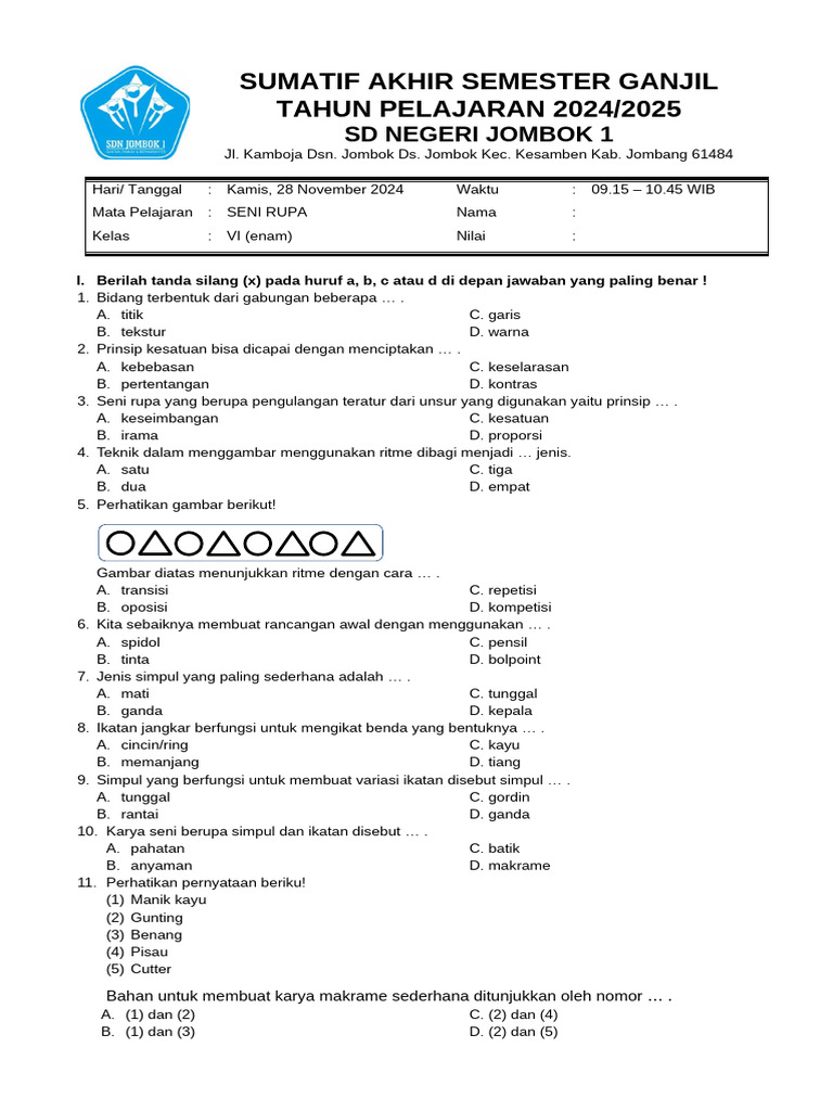 Soal SAS SENI RUPA Kls 6 | PDF