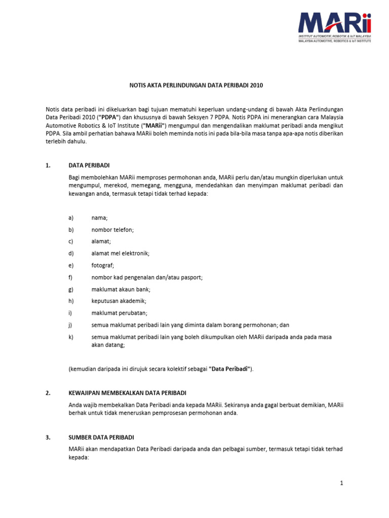 Notis Akta Perlindungan Data Peribadi 2010 | PDF
