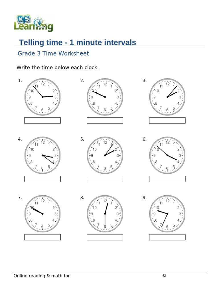 Grade 3 Telling Time 1 Minute Intervals D | PDF